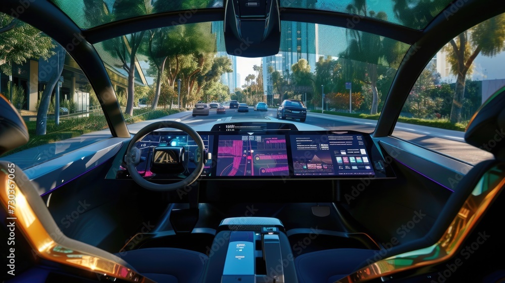 Inside view of an autonomous car's cockpit with holographic controls ...