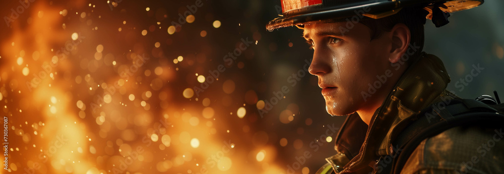 Caucasian male firefighter performing duties in a burning building ...