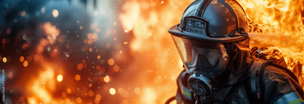 Caucasian male firefighter performing duties in a burning building ...
