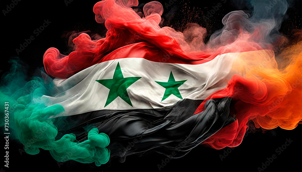 National Flag of Syria made of smoke, isolated on black background. The ...