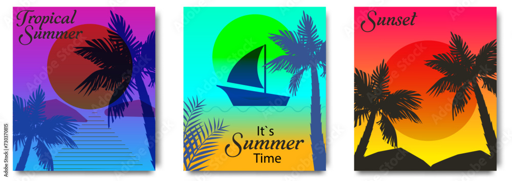 Vector beach sunset and day ocean landscape illustration for banner ...