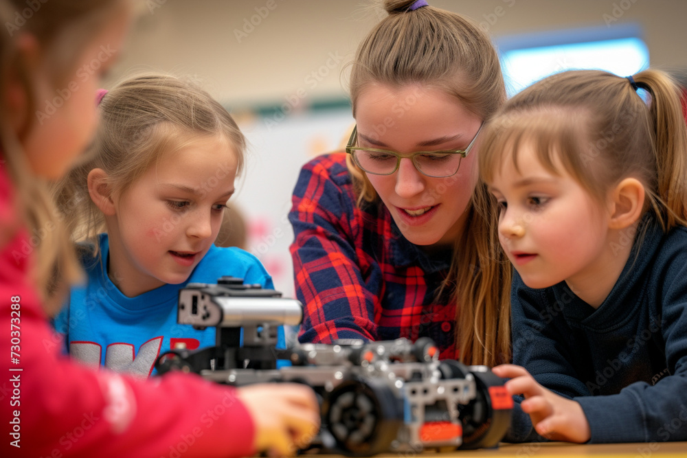 Elementary school coding: Teacher demonstrating mechanical robot ...