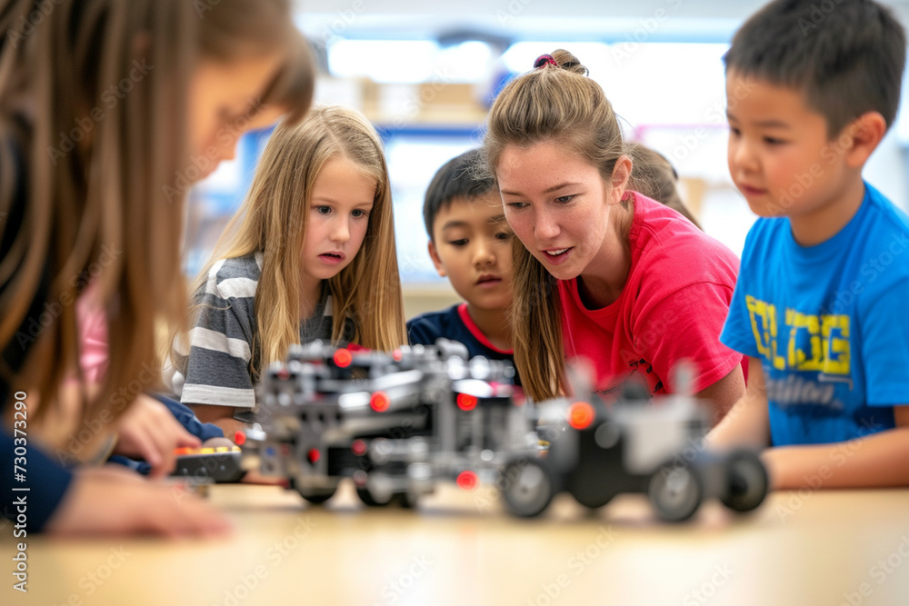 Elementary school coding: Teacher demonstrating mechanical robot ...