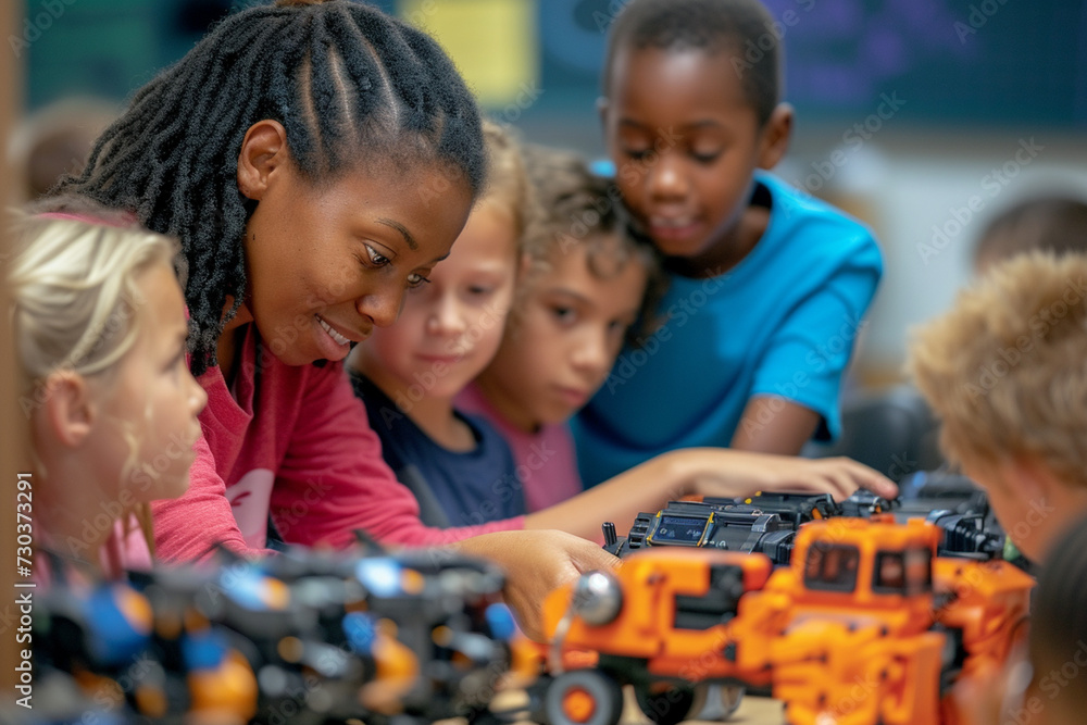 Elementary school coding: Teacher demonstrating mechanical robot ...