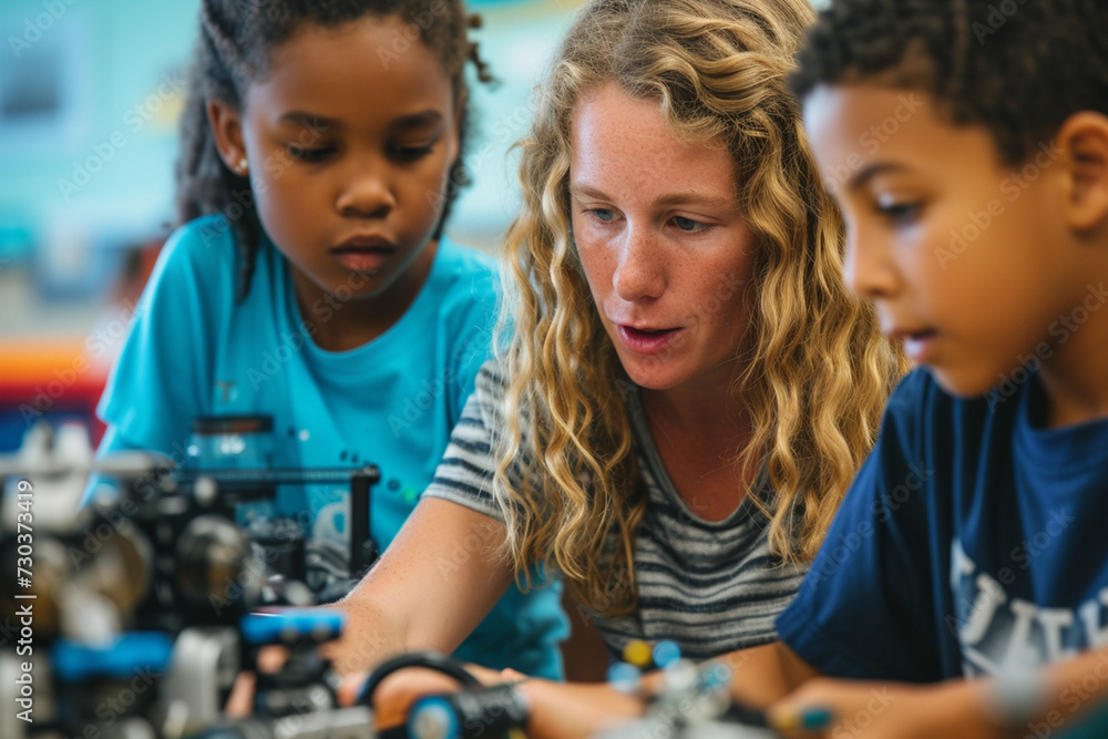 Elementary school coding: Teacher demonstrating mechanical robot programming to engaged young ...