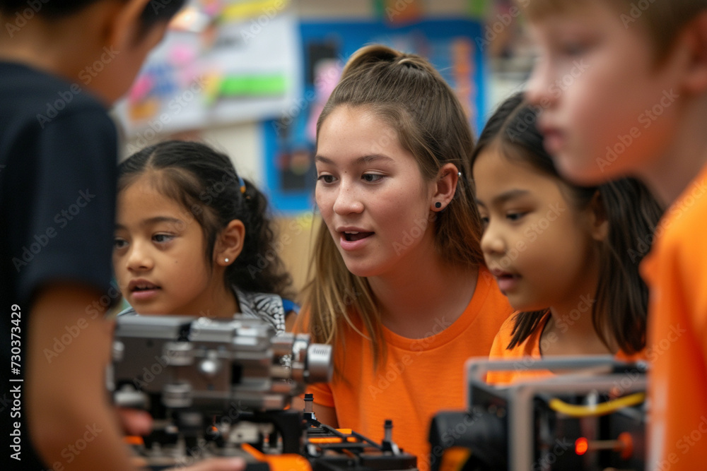 Elementary school coding: Teacher demonstrating mechanical robot ...
