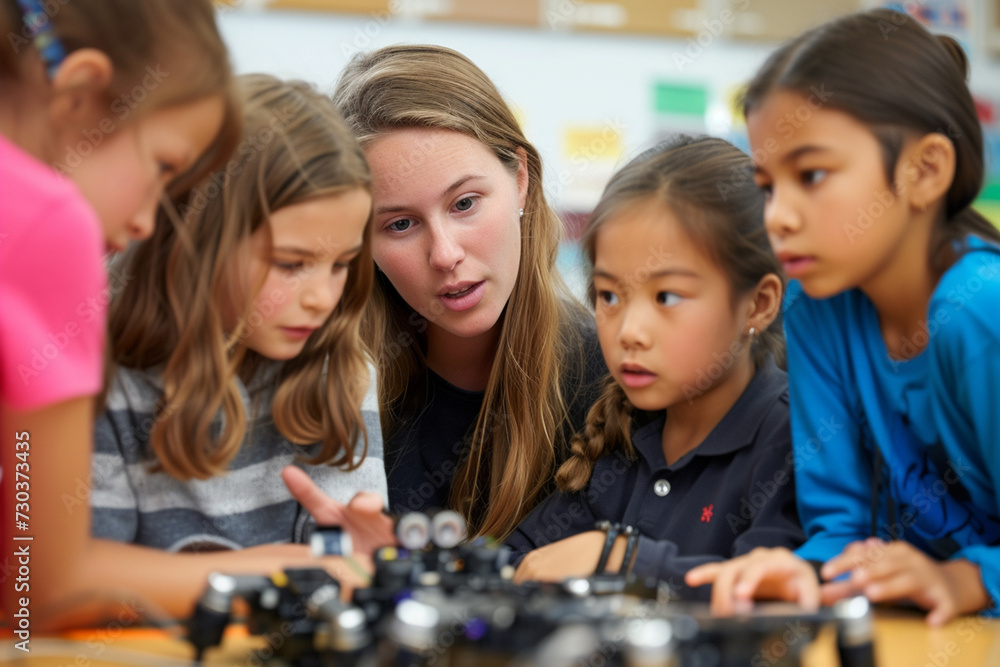 Elementary school coding: Teacher demonstrating mechanical robot programming to engaged young ...