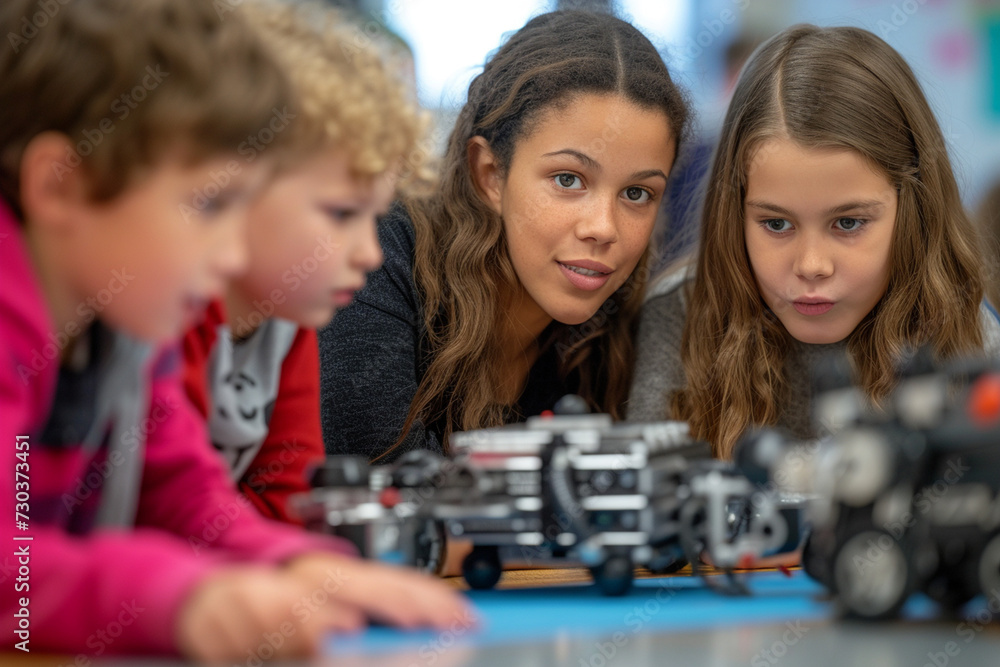 Elementary school coding: Teacher demonstrating mechanical robot ...