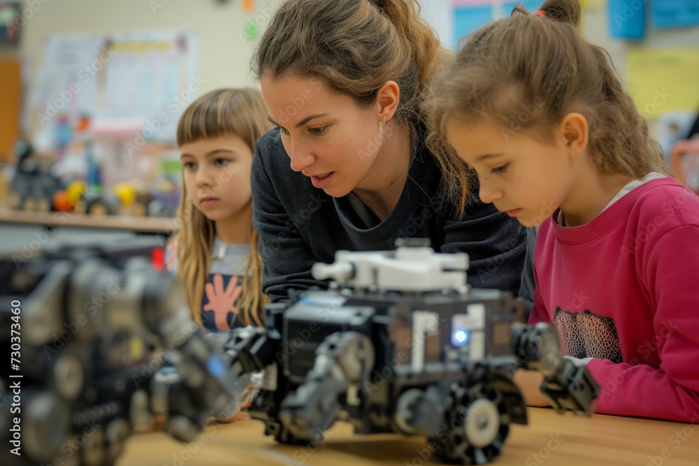 Elementary school coding: Teacher demonstrating mechanical robot ...