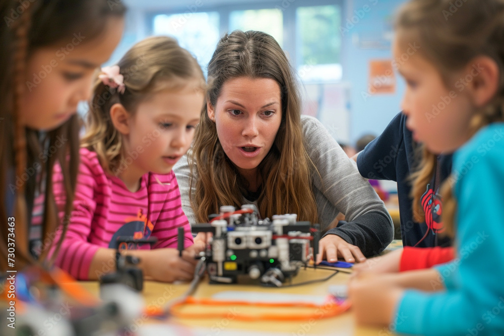 Elementary school coding: Teacher demonstrating mechanical robot ...
