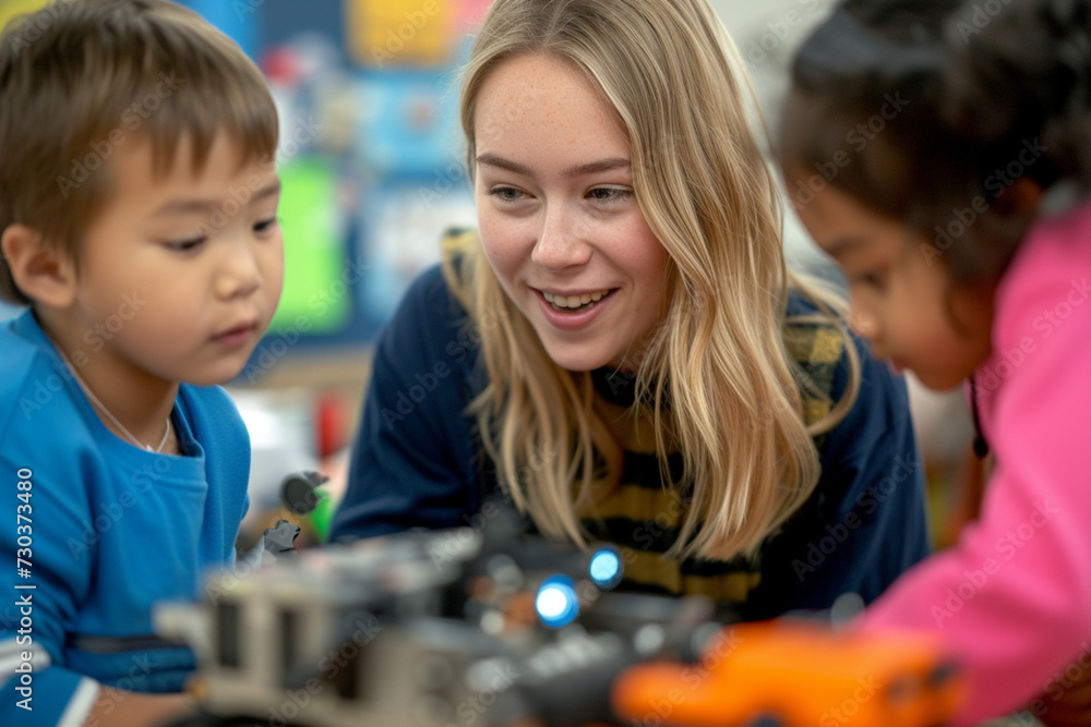 Elementary school coding: Teacher demonstrating mechanical robot ...