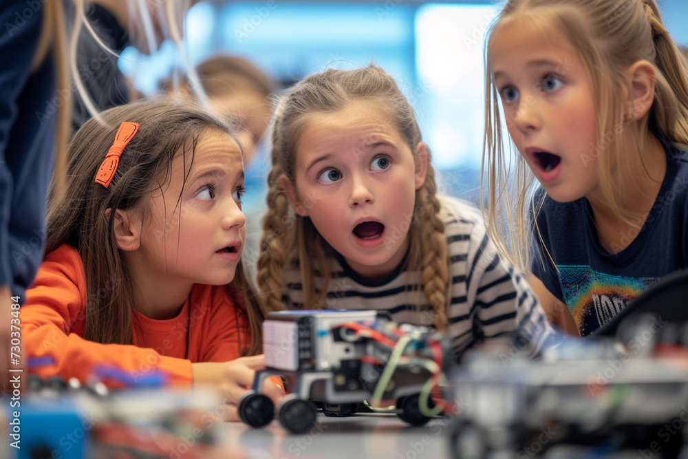 Elementary school coding: Teacher demonstrating mechanical robot ...
