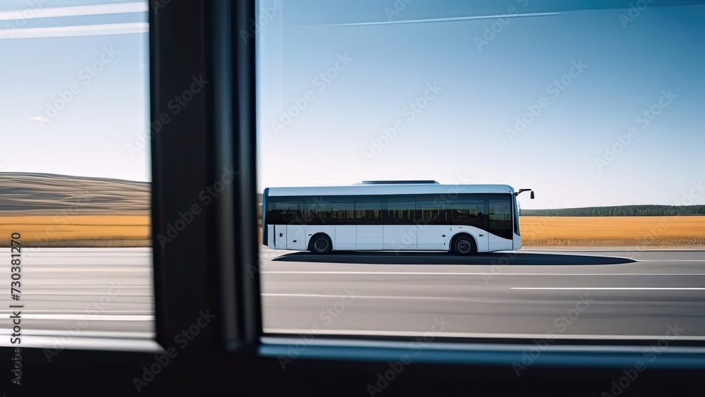 White Bus on the Highway Through The Panoramic Window of the bus ...