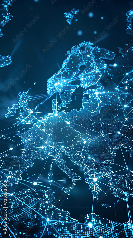 Abstract digital map of Western Europe, European global network concept ...