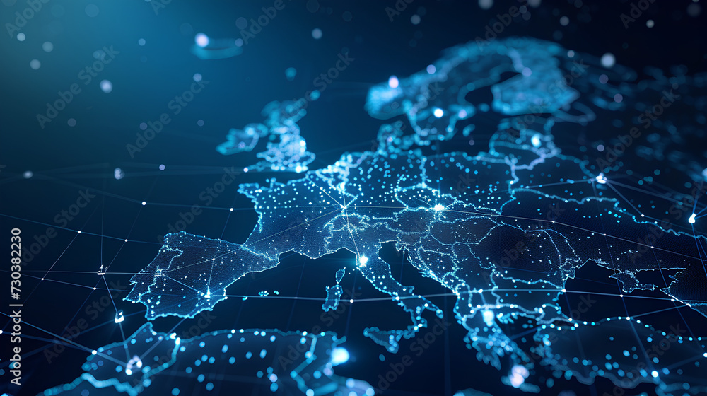 Abstract digital map of Western Europe, European global network concept ...