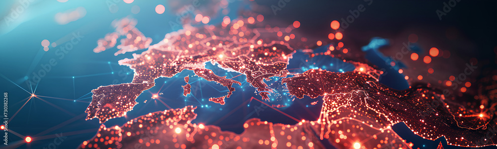 Abstract digital map of Western Europe, European global network concept ...