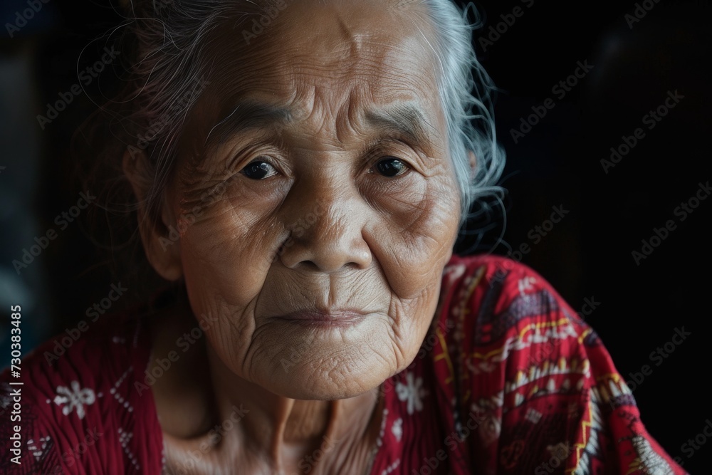 A portrait of a wise and weathered woman, her face adorned with ...