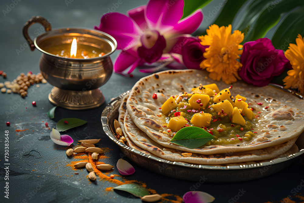 Festive Indian Puran Poli with neem flowers decor. Hindu cuisine and ...