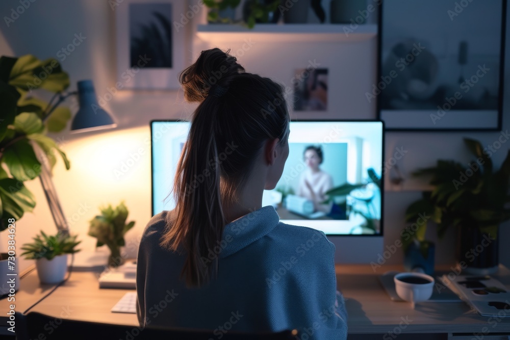 A professional woman sits at her computer desk in an indoor office ...