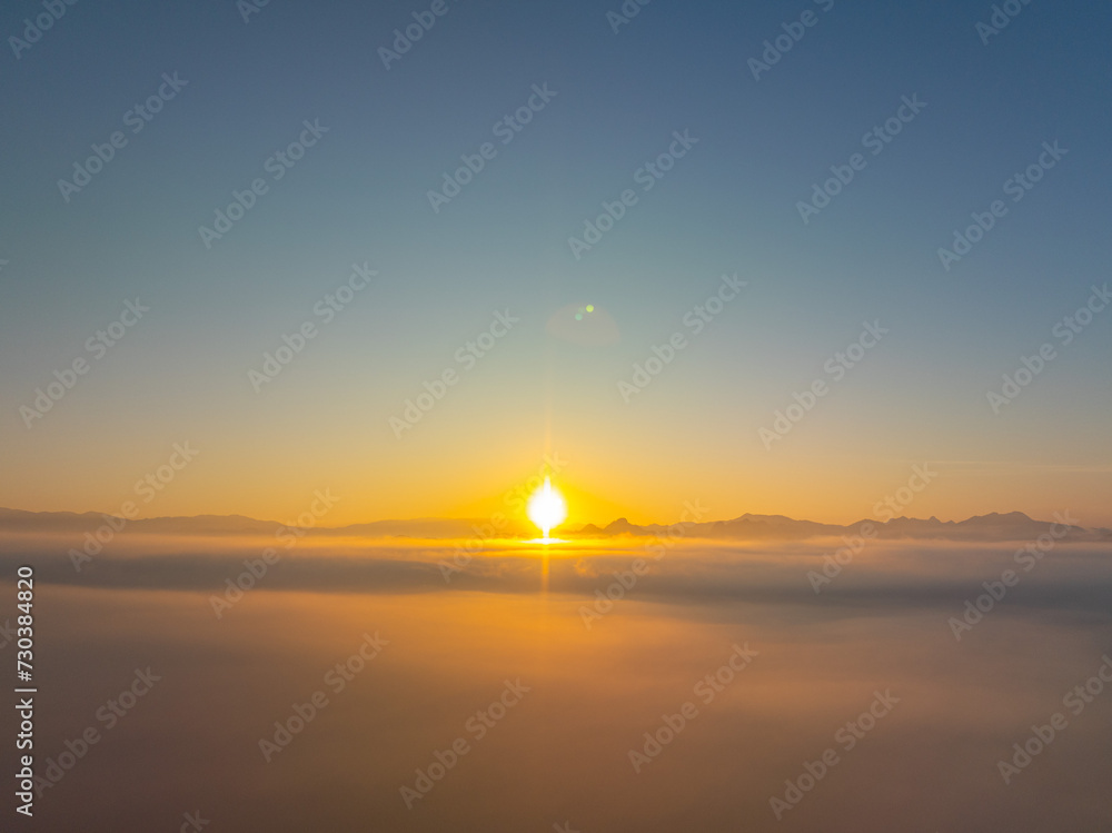 Aerial view amazing the sea of mist at beautiful sunrise...slow ...