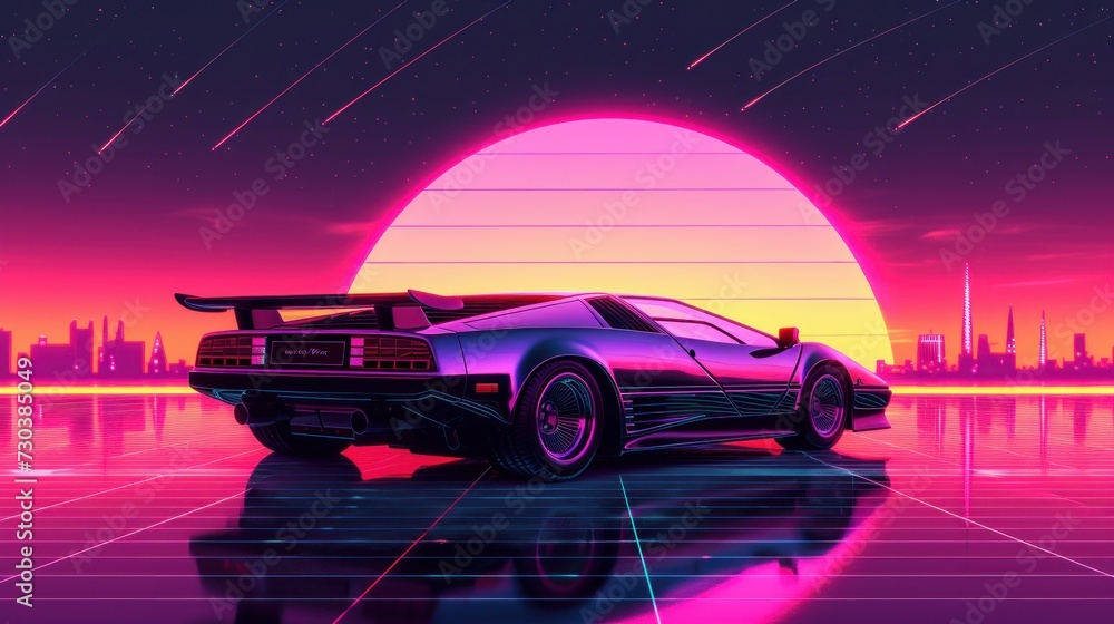 Retro future: A 1980s-style sci-fi background featuring a supercar ...