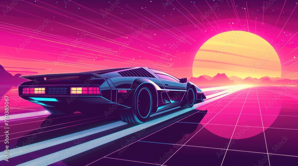 Retro future: A 1980s-style sci-fi background featuring a supercar ...