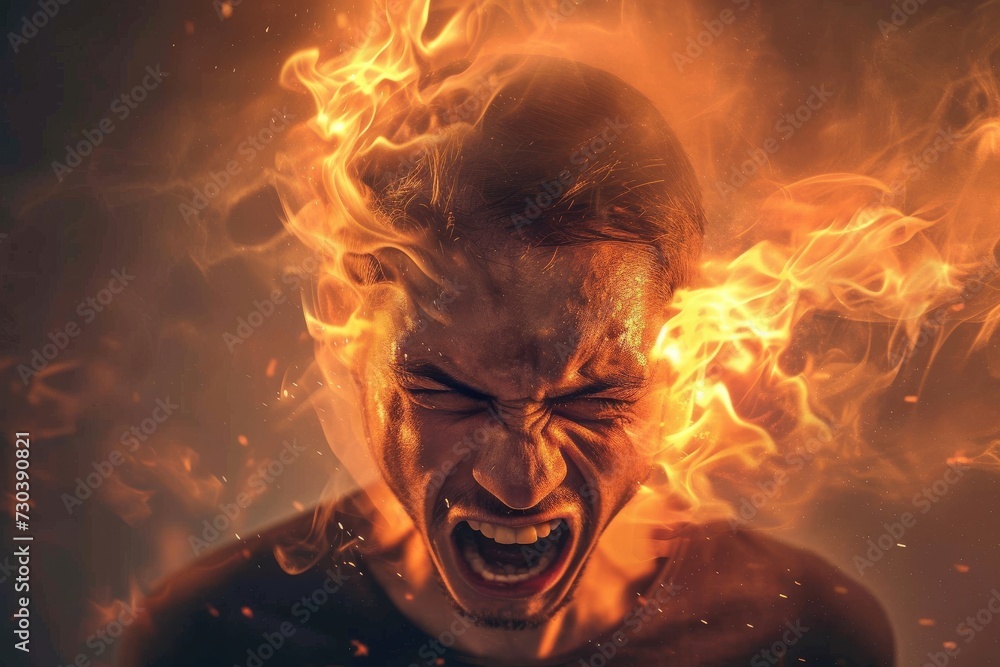 A man's fiery emotions engulf his mind, as his open mouth spews flames ...