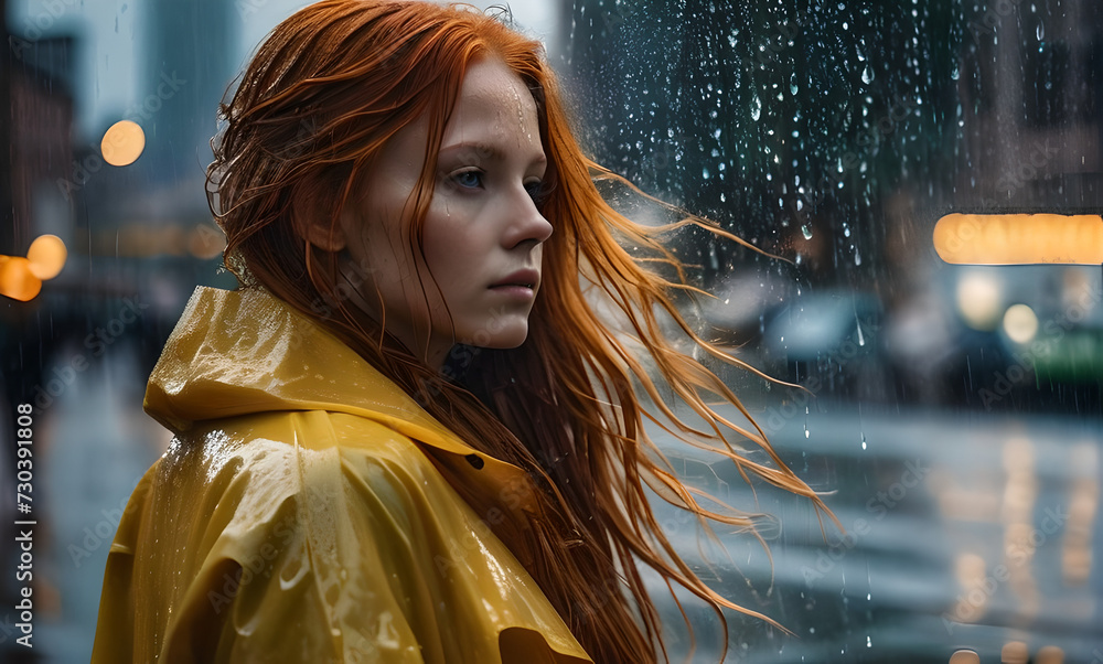 portrait girl rain, raincoat rain, raindrop face, wet girl, happy ...