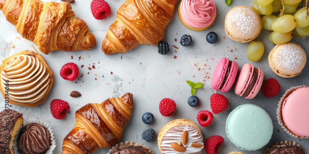 French Patisserie sweet Pattern. Croissants and macarons on simple ...