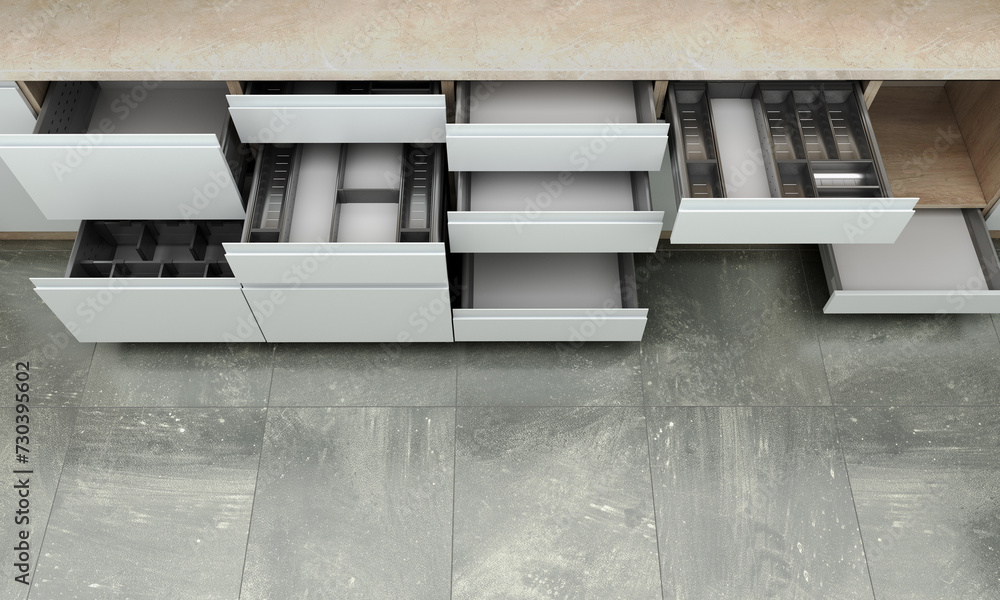 Сoncept of the presentation of kitchen filling and accessories, open ...