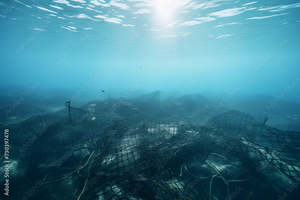 Oceanic Habitat Decay: Underwater View of Abandoned Fishing Nets Stock ...
