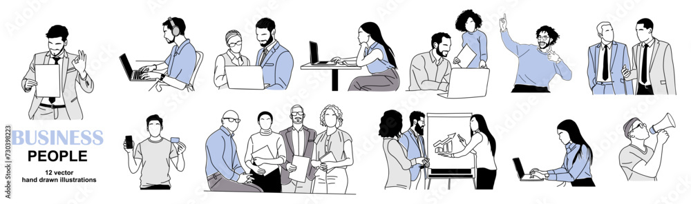 Set of illustrations of business men and women working, meeting ...