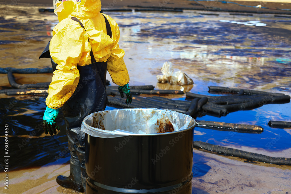 Professional team and volunteer wearing PPE clean up dirty of oil spill ...