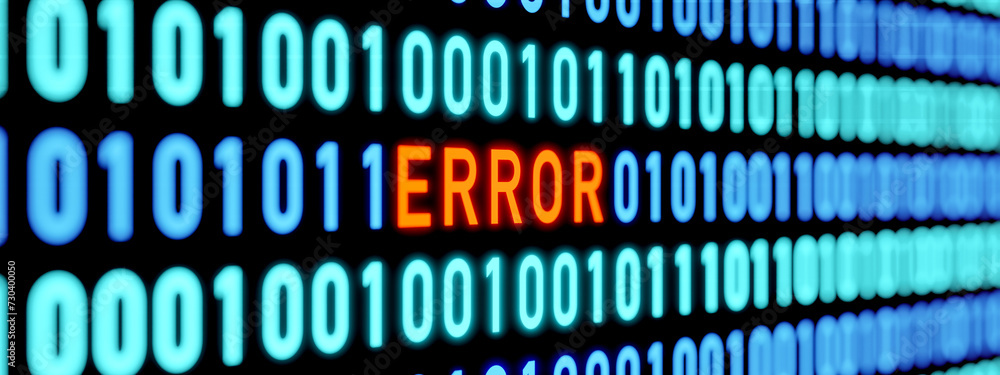 Error message. Computer system error, binary code, zero and one. Error warning sign, system ...