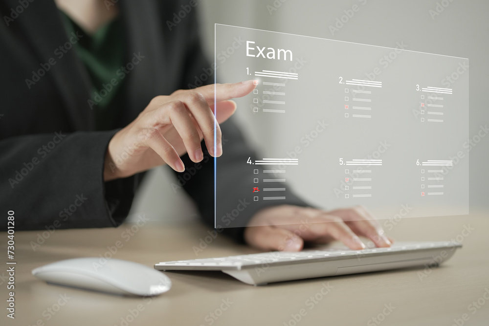 student passing online exam concept. Virtual test or questionnaire show ...