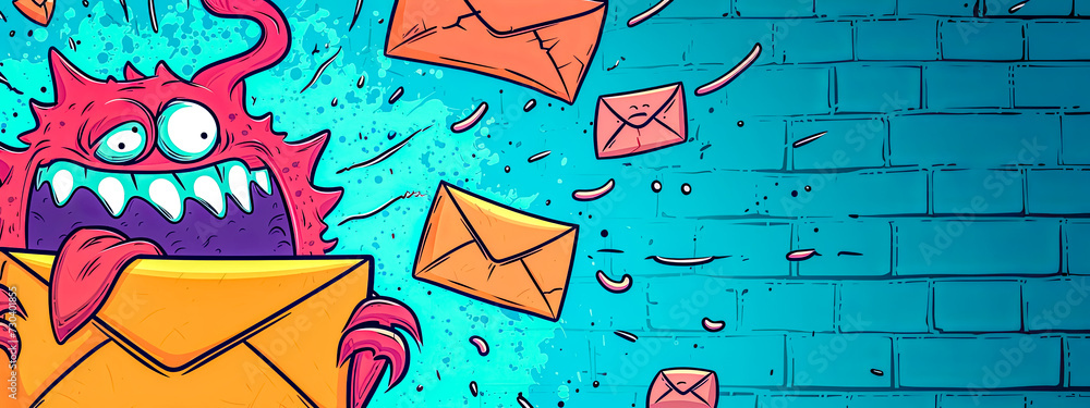 Cartoon monster with Green Azure Textile Orange letters bursting out ...