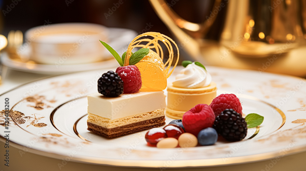 Food, dessert and hospitality, sweet desserts in restaurant a la carte ...