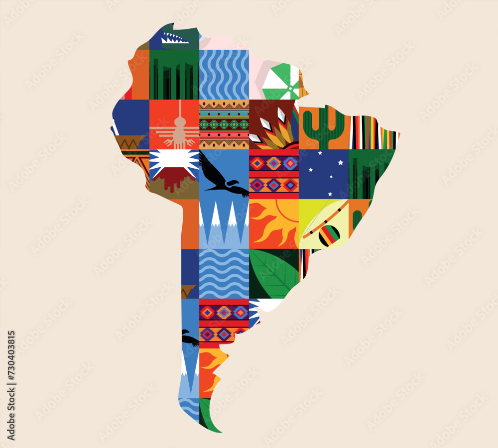 South american map, pattern design icons and simbols - mosaic with ...