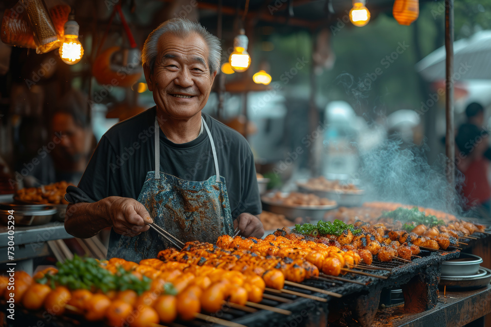 A traditional street vendor preparing local delicacies in a crowded ...