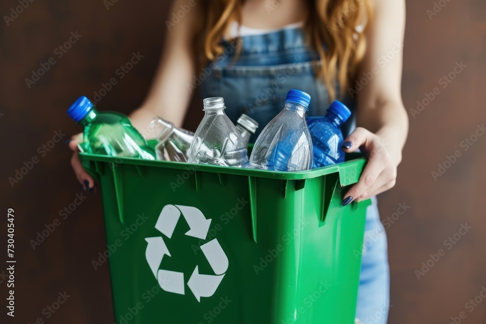 A young woman in denim overalls is holding a green recycling bin filled ...