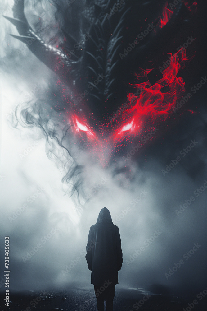 Hooded man standing before a giant dragon or creature, facing his ...