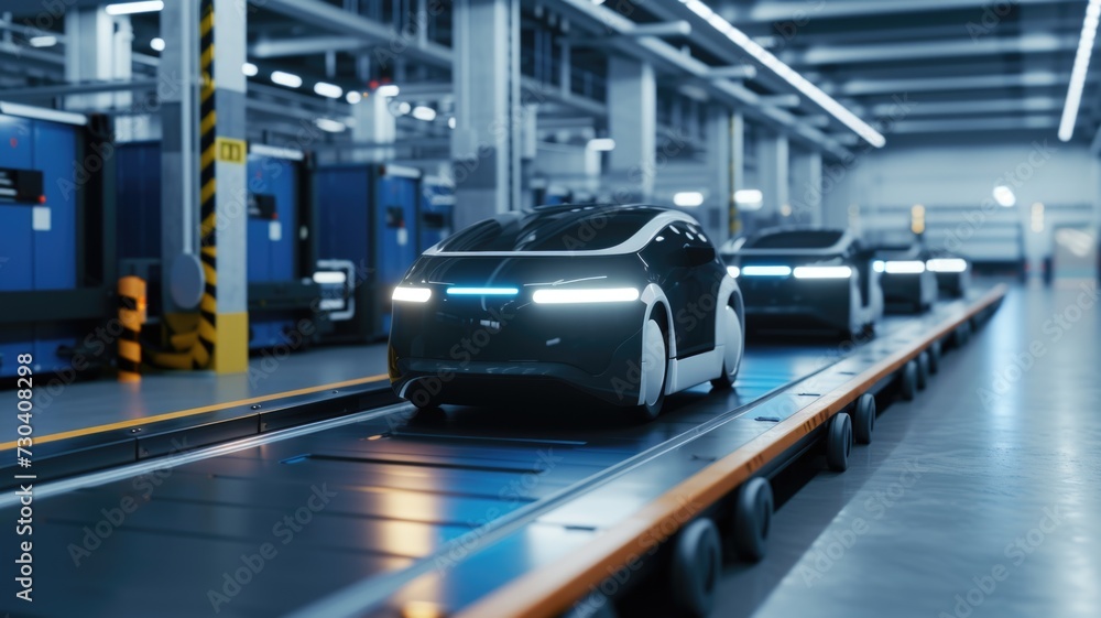 Self-driving car fleet in a logistic hub, optimizing delivery and transport services with ...