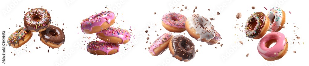 Collection of round donut doughnut, Colourful set, flying falling with ...