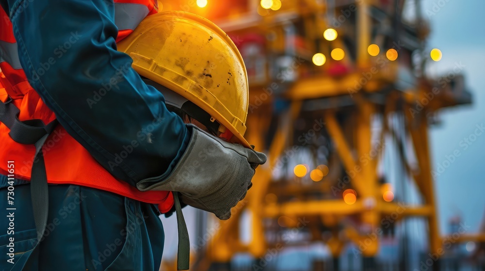 worker is holding safety hardhat or helmet with blurred background of ...