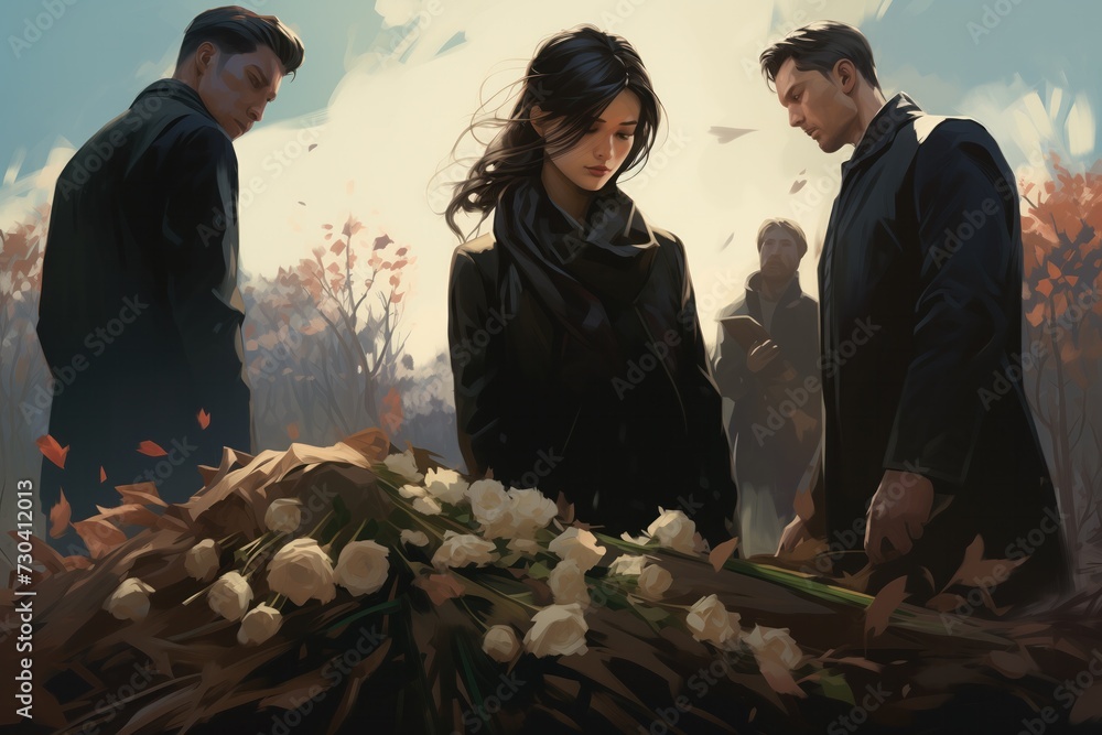 An artwork portraying a somber young woman with a backdrop of friends ...