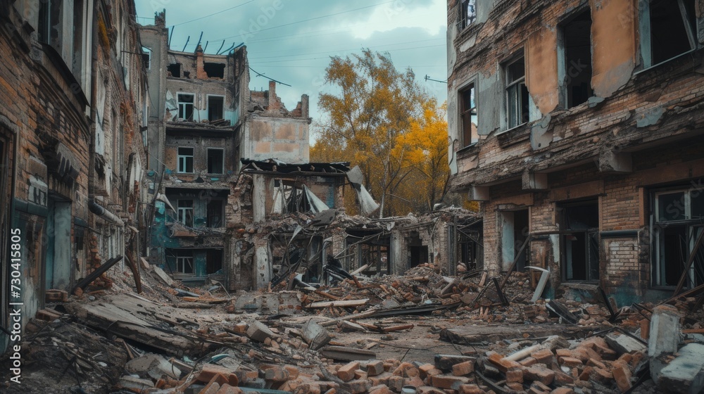 war-torn city, destroyed buildings, bullet holes in walls, shell holes ...