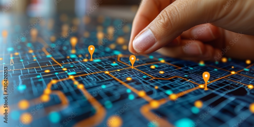 Digital Navigation Mastery: Finger Pointing at GPS Map with Location ...