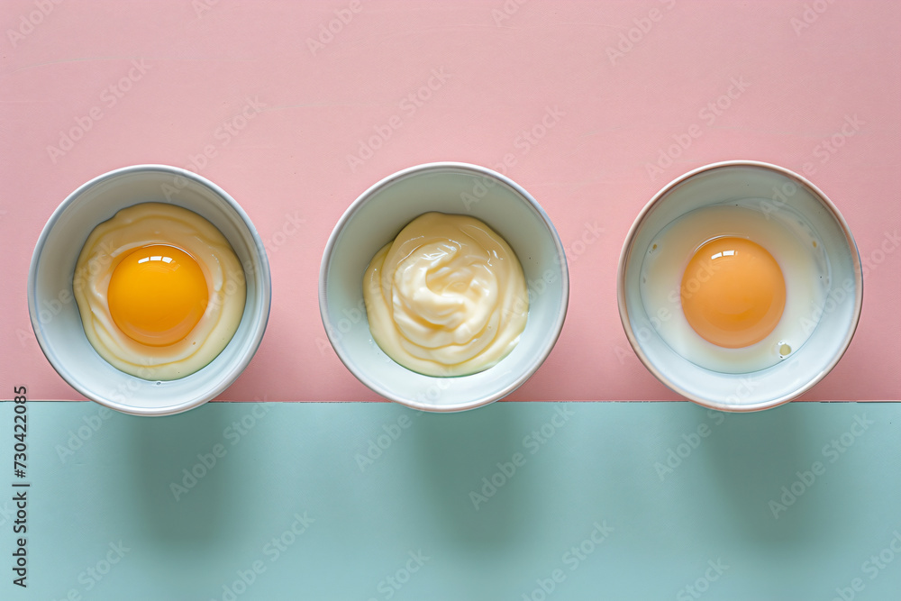 Raw egg, mayonnaise, and egg yolk in white bowls on a dual pink and ...