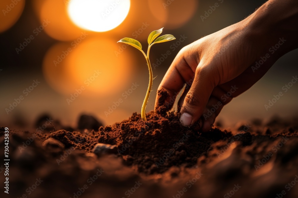 Hand sowing seeds in vast field with soft warm light creating realistic ...