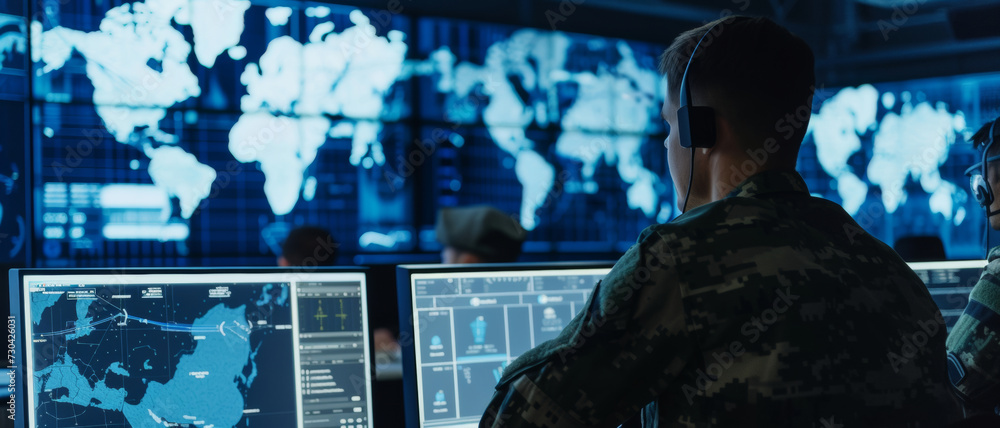 Military personnel monitoring global operations on screens, a high-tech ...